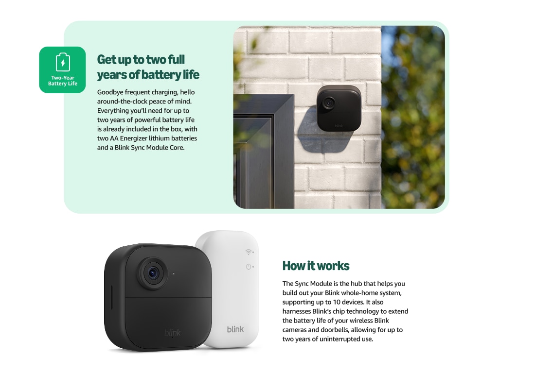 Blink Outdoor 4-Core-Wireless Battery Operated Smart Security Camera System w/ 2-Cameras and ...